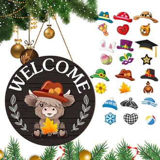 Generic Austauschbares Willkommensschild aus Holz, Holzschild mit Magnetischem Abnehmbaren Gnome-Hut, DIY Wechselbare Willkommensschilder, Holzdeko f&uuml;r Haust&uuml;