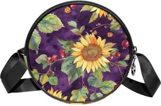 Generic Petit sac &agrave; bandouli&egrave;re rond pour femme, motif tournesol avec fermeture &eacute;clair, bretelles r&eacute;glables, style d&eacute;contract&eacute;, pour femmes et filles