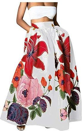 Generic AMDOLE Robe en coton pour femme - Jupe longue bohème - Imprimé floral - Taille haute - Poche - Pour fête, plage - Robe boutonnée, blanc, 52