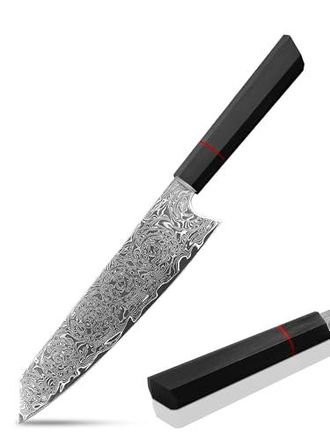 Plys Kiritsuke Damas Couteau de Cuisine Japonais Tranchant : Couteau en Acier Damas 20 cm - L&eacute;gumes, Professionnel, Manche Bois Noir