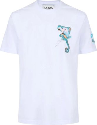 Iceberg Homme, Tops, Blanc, Taille: M T-shirt en jersey de coton coupe classique avec broderie singe