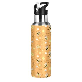 Mnsruu Wasserflasche mit Bienen-Motiv, isoliert, f&uuml;r M&auml;dchen und Jungen, Edelstahl, Wasserflasche mit Strohhalm, 590 ml