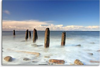 Paul Sinus Art 120x80cm Leinwandbild auf Keilrahmen Schottland Meer Wellenbrecher Steine Wandbild auf Leinwand als Panorama
