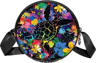 Generic Petit sac &agrave; bandouli&egrave;re rond pour femme, motif tortue et fleurs, sac &agrave; dos &agrave; bandouli&egrave;re r&eacute;glable avec fermeture &eacute;clair, sac &agrave; main rond d&eacute;contract&eacute; p