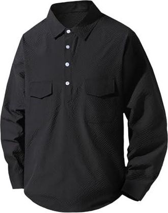 Generic Polo textur&eacute; froiss&eacute; &agrave; manches longues et demi-boutons pour homme - Col &agrave; revers d&eacute;contract&eacute; - Confortable - Doux &agrave; porter - &Eacute;vacuation de lhumidit&eacute; -