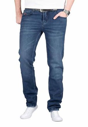 Alessandro Salvarini Jean stretch pour homme Coupe droite - 98 % coton, 5 poches, boutonni&egrave;re, pantalon long, bleu, 32W / 34L