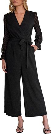 Cupshe Damen Jumpsuit Wickeloptik V-Ausschnitt Overall Transparent Langarm Weites Bein Playsuit Elegant Büro Hosenanzug Schwarz XL
