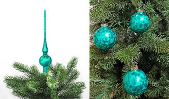 JACK by Th&uuml;ringer Glas Eislack Christbaumspitze 28cm + 12x Christbaumkugeln 6cm Spitze Weihnachtskugel Set, Farbe:Petrol