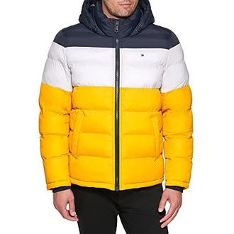 Tommy Hilfiger Down Alternative Hooded Puffer Jacket (Standard and Big & Tall) Manteau Duvet, Bleu Nuit/Glace/Jaune, M Homme