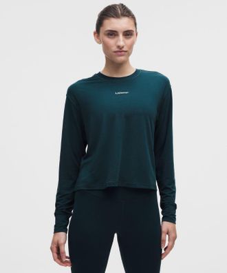 lululemon Trainings-Langarmshirt aus Jersey Logo f&uuml;r Frauen - Gr&ouml;&szlig;e 10 in Indochine Blue