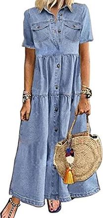 ORANDESIGNE Denim Robe Femme Été Chemisier Robe Manches Courtes Col en V Robe Tunique Grande Taille Vintage Jean Bouton Hauts Mi Longue Robe Shirt Dress avec Poch