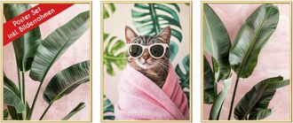 Wackadoo Poster Set Wellness Katze 3er Set inklusive Bilderrahmen 30x40 cm Poster Bilderset mit rahmen picture frame Bilder Set
