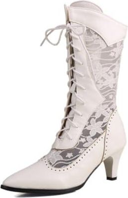 Generic Bottes Mi - Mollet Femme Bout Pointu Lacets Dentelle Florale Maille Talons Aiguilles Zip Robe De Soirée Fête Prom Bottes,Blanc,46 EU