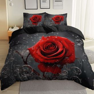 Generic Antistatisch Bettw&auml;sche Set en Mikrofaser, Blumen Blasen Rosen Weiche Bettbezug 135 x 200 cm F&uuml;r Kinder Erwachsener - Schwarz Reversibler Atmungsaktiv