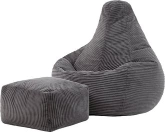 Icon Brand Dalton Sitzsack mit Hocker Cord, Dunkelgrau, Gaming Sitzsack Erwachsene mit F&uuml;llung, Bean Bag, Cord Sessel, Lounge Sessel, Lounge Stuhl, Schlafzimmer,