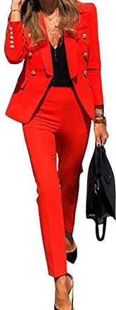 Minetom Tailleur Femme 2 Pièces Elegant Couleur Unie Blazer Veste Formel Bureau Travail Pantalon Costumes A Rouge 40