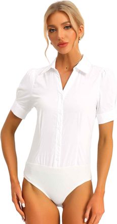 Allegra K Damen Leotard Shirt mit Knopfleiste, kurz&auml;rmelig, Kragen, Business, Arbeit, Bodysuit Tops, Weiss/opulenter Garten, XL