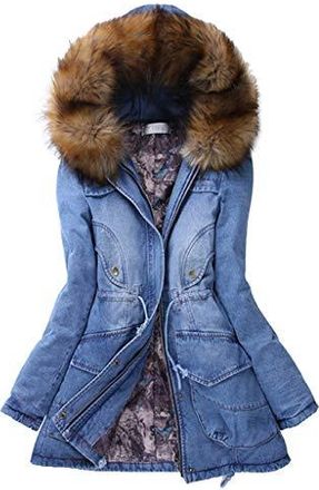 FNKDOR Manteau en Fausse Fourrure Doublure pour Femmes Hiver Chaud Épais Veste à Capuche Longue Parka Blouson avec Poche(WA Bleu,XL=FR(38))