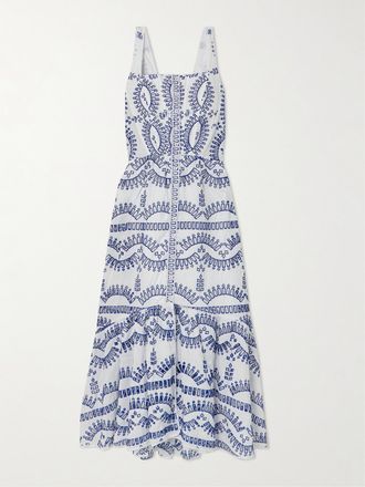 Charo Ruiz Ibiza Nissy Midikleid Aus Einer Baumwollmischung Mit Lochstickerei, Raffungen Und Wellenkanten - Wei&szlig;