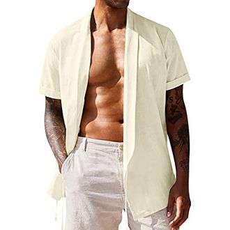 Generic Chemise en lin pour homme - Chemise boutonn&eacute;e &agrave; manches courtes pour homme - Haut blanc - Haut armure blanche - T-shirt blanc pour homme - Hauts d&eacute;con