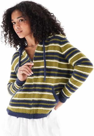 Daisy Street Flauschiger Strickpullover in Marineblau und Olivgr&uuml;n gestreift mit durchgehendem Rei&szlig;verschluss und Kapuze-Bunt