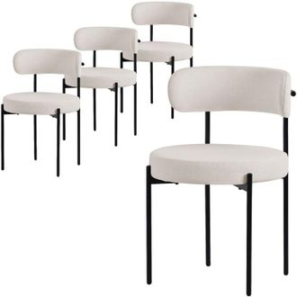 ML Design ML-Design Lot de 4 Chaises de Salle &agrave; Manger, en Tissu Teddy Polyester, Blanc, avec Dossier, Chaise Ronde Rembourr&eacute;e avec Pieds M&eacute;talliques Noirs