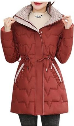 Generic Vestes 2026 pour femmes 2024 mi-longueur &agrave; capuche coupe ajust&eacute;e automne hiver mode bloc de couleurs veste rembourr&eacute;e, Rouge, XXL