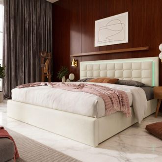 Generic Polsterbett mit Lattenrost und Stauraum Doppelbett inkl. LED-Beleuchtungsleiste Bettgestell 140x200cm, Stauraumbett Funktionsbett Bezug aus Kunstleder