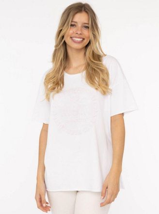 Zwillingsherz Kurzarmshirt Oversized Shirt Stempeldruck Moin Kurzarm, tiefer Rundhalsausschnitt, Schriftzug, Baumwollmischung