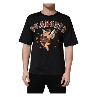 Dolce & Gabbana Angel Print Baumwoll-T-Shirt mit Rundhalsausschnitt - - Tops - Herren - Schwarzk - XS