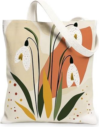 Generic Sac fourre-tout en toile r&eacute;utilisable avec motif de perce-neige de printemps pour le shopping, 33 x 38 cm, motif floral r&eacute;tro du milieu du si&egrave;cle, sac