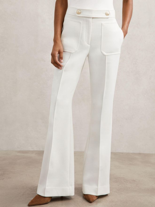 Reiss White Twill Button-tab Flared Trousers With Wool, 14L from £78.00 ...