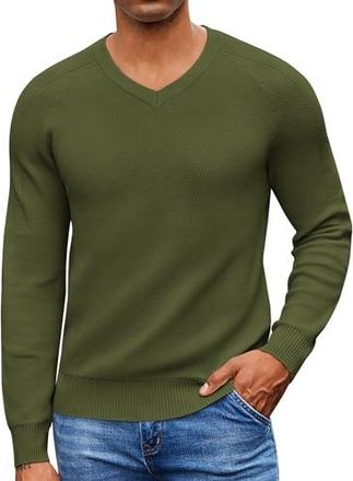 Coofandy Pull &agrave; col en V et Manches Longues pour Homme en Maille Fine Basique Marine Vert L