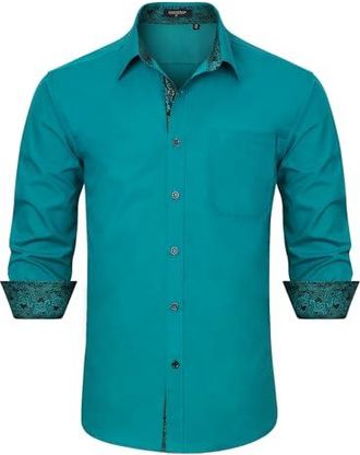 Hisdern Chemise Homme Sarcelle Manches Longues Formelle Casual Robe Chemise pour Hommes Affaires Coupe Régulière Travail Boutonnée De Mariage avec Poches, 2XL