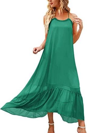 Generic Robe boh&egrave;me 2026 pour femme, couleur unie, sans bretelles spaghetti, sans manches, robe d&eacute;contract&eacute;e ample &agrave; volants, robe maxi de plage, Vert, M
