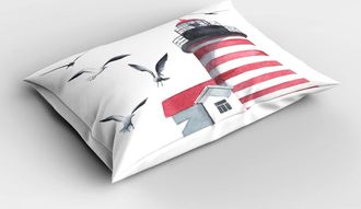 Abakuhaus Leuchtturm Kissenbezug, Möwen Strand Meer, Dekorativer Standard King Size Gedruckter Kissenbezug, 80 x 40 cm, Rot