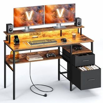 Vasagle Bureau Gaming, avec Tiroirs en Tissu, Table Informatique avec Support dÉcran, Lumières LED, 55 x 135 x 90 cm, Multiprise, 2 Ports USB, pour Bureau à D