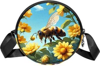 Generic Sac &agrave; bandouli&egrave;re rond pour femme, motif abeille, petit sac &agrave; bandouli&egrave;re avec fermeture &eacute;clair, bretelles r&eacute;glables, sac &agrave; main rond d&eacute;contract&eacute; pour
