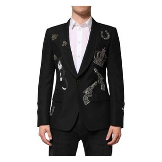 Dolce & Gabbana Schwarzer Bienenkrone-Verzierter Blazer - - Jackets - Herren - Schwarzk - XS