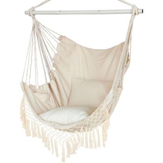 Apex Fauteuil hamac suspendu, balan&ccedil;oire en corde avec 2 coussins, poche lat&eacute;rale en macram&eacute; et barre m&eacute;tallique haute r&eacute;sistance