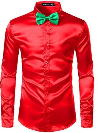 PARKLEES Chemise à manches longues en satin brillant similaire à de la soie - pour homme - pour fête, soirée disco, bal de promo, Rouge, XXL