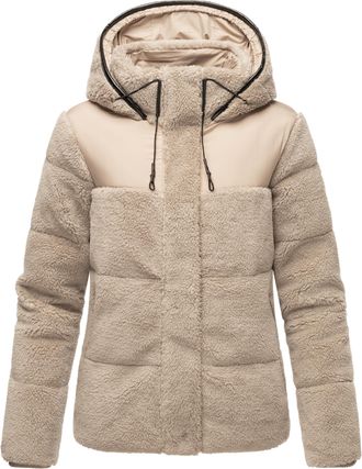 Marikoo Damen Teddy-Fleecejacke warme Übergangsjacke Gesteppte Plüschjacke in angesagtem Materialmix mit Kapuze Kaguraa 16 Light Taupe Gr. XXL