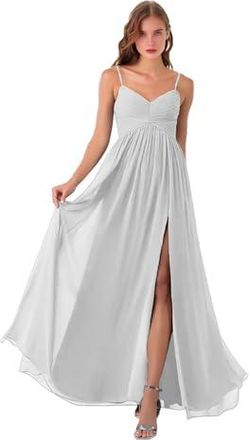 Generic Robe de demoiselle dhonneur en mousseline de soie avec poches et bretelles spaghetti et col en V avec fente, Lvory, 48 Grande taille