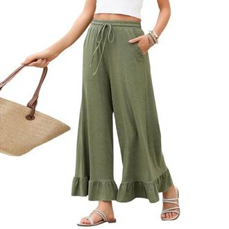 Generic Palazzo Pantalon de plage décontracté avec cordon de serrage et ourlet à volants, taille haute et poches pour femme, vert militaire, XXL