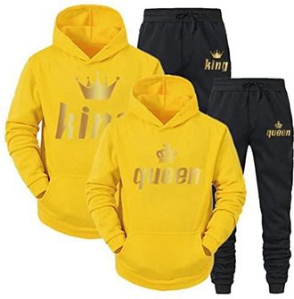 Minetom King Queen Imprim&eacute; Surv&ecirc;tement Couple Ensemble de Sport Jogging Femme Homme Sweat &agrave; Capuche et Pantalon 2 Pi&egrave;ces Set Jaune Queen XL