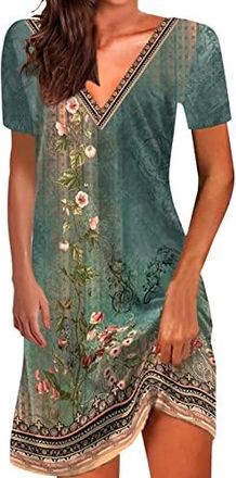 Generic 2024 Robe Femme Été Chic et Elegant Boheme Longue Robe Grande Taille Décontractée à Manches Longues Manche Courte Imprimé à Motif Floral Leger Respira