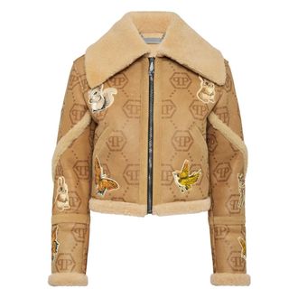 Philipp Plein Femme, Vestes, Beige, Taille: 42 FR Cropped Embroidered Leather and Shearling Jacket Monogram
