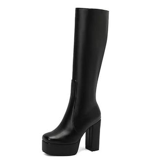 Generic Bottes d&eacute;quitation minimalistes couleur unie &eacute;paisse plateforme bout carr&eacute; genou bottes d&eacute;quitation avec fermeture &eacute;clair lat&eacute;rale chaussures dhiver c