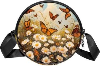 Generic Sac &agrave; bandouli&egrave;re rond pour femme, motif papillons, marguerites, petit sac &agrave; bandouli&egrave;re avec fermeture &eacute;clair, bretelles r&eacute;glables, sac &agrave; main rond d
