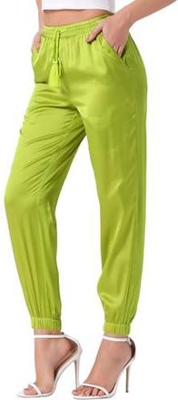 Allegra K Femmes Pantalon Athleisure Décontracté Taille Élastique Longueur Cheville Pantalon Jogging Satin Poche Jaune Fluo M